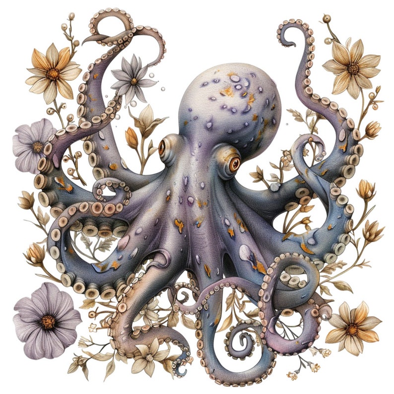 Floral Octopus Flower Clipart Bundle, 16 High-quality JPG, Craft Art ...