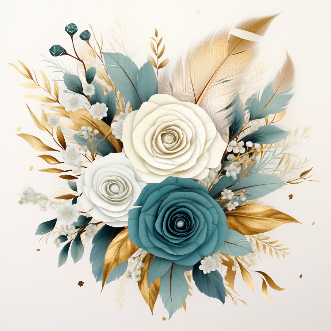 14 Boho Feather Flower Bouquet Clipart Bundle, High-quality JPG, Card ...