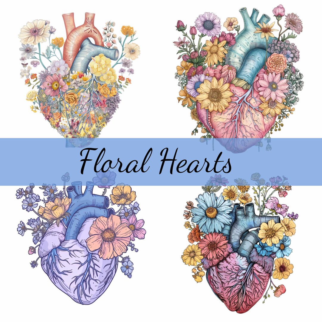 14 Floral Heart Flowers Clipart Bundle, 14 High-quality JPG, Craft Art ...