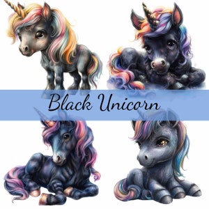 Cute Black Unicorn Clipart Bundle, 16 High-quality JPG, Craft Art, Card ...