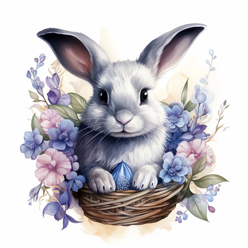 Bunny in Easter Basket W Flowers Clipart Bundle, High-quality JPG ...