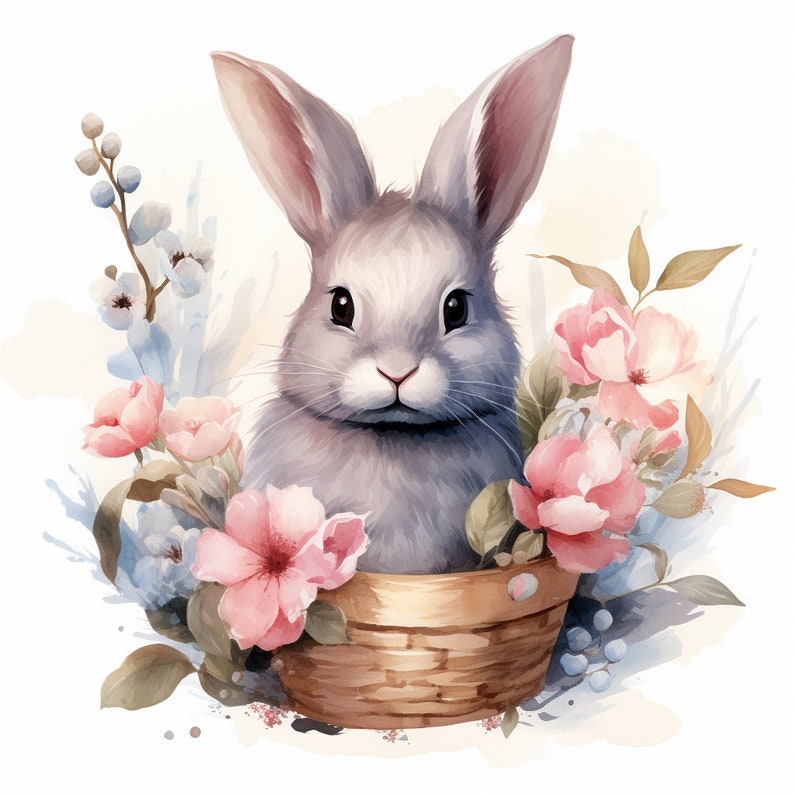 Bunny in Easter Basket W Flowers Clipart Bundle, High-quality JPG ...