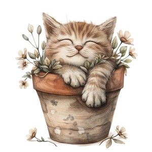 Cute Cat in a Flower Pot Clipart Bundle, 16 High-quality JPG, Craft Art ...