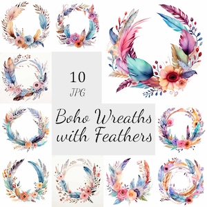 10 Boho Feather Wreath Clipart Bundle, High-quality JPG, Nursery Art ...
