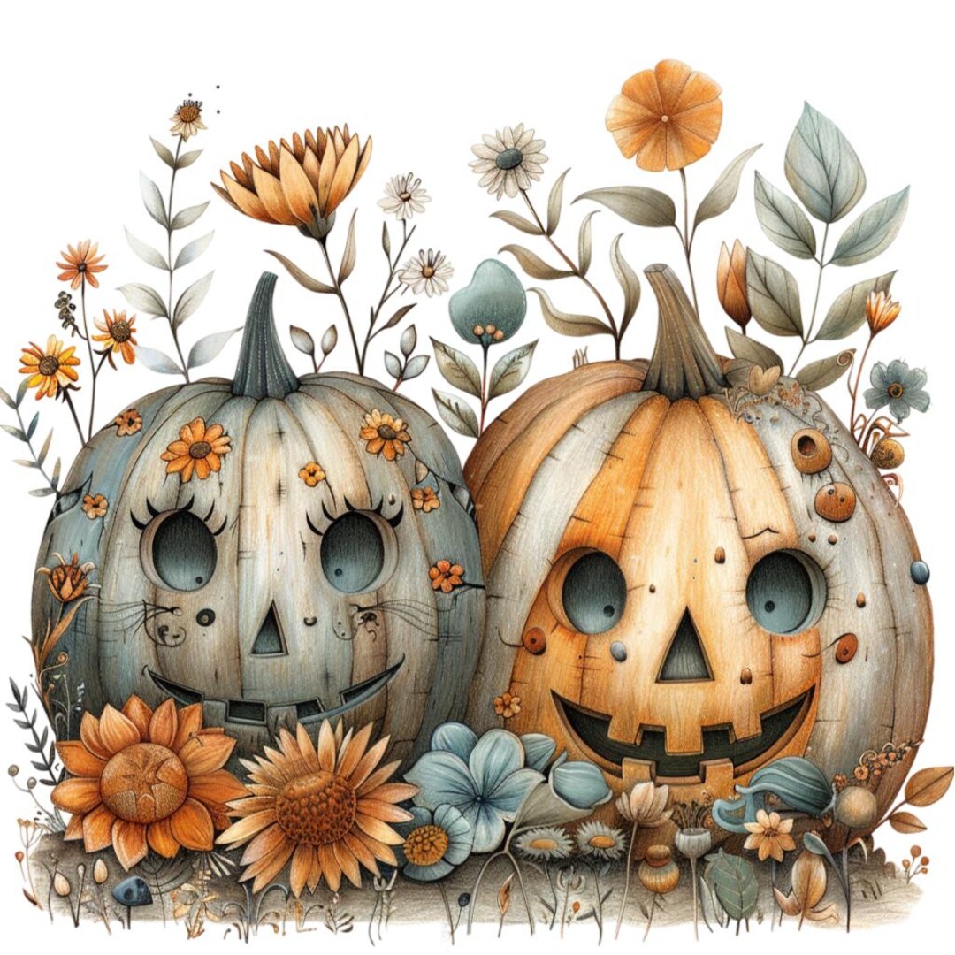 Jack O Lantern Pumpkin Folk Art Clipart Bundle, 16 High-quality JPG ...