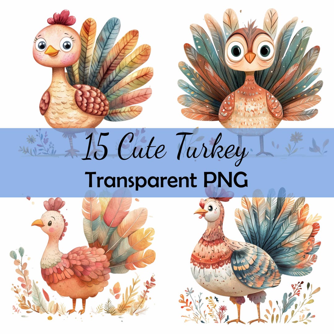 15 Turkeys Sweet Boho Illustrated Clipart Bundle, Transparent PNG ...