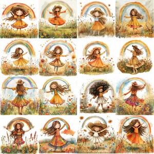 Boho Girl Dancing in Flower Meadow Clipart Bundle, 16 High-quality JPG ...