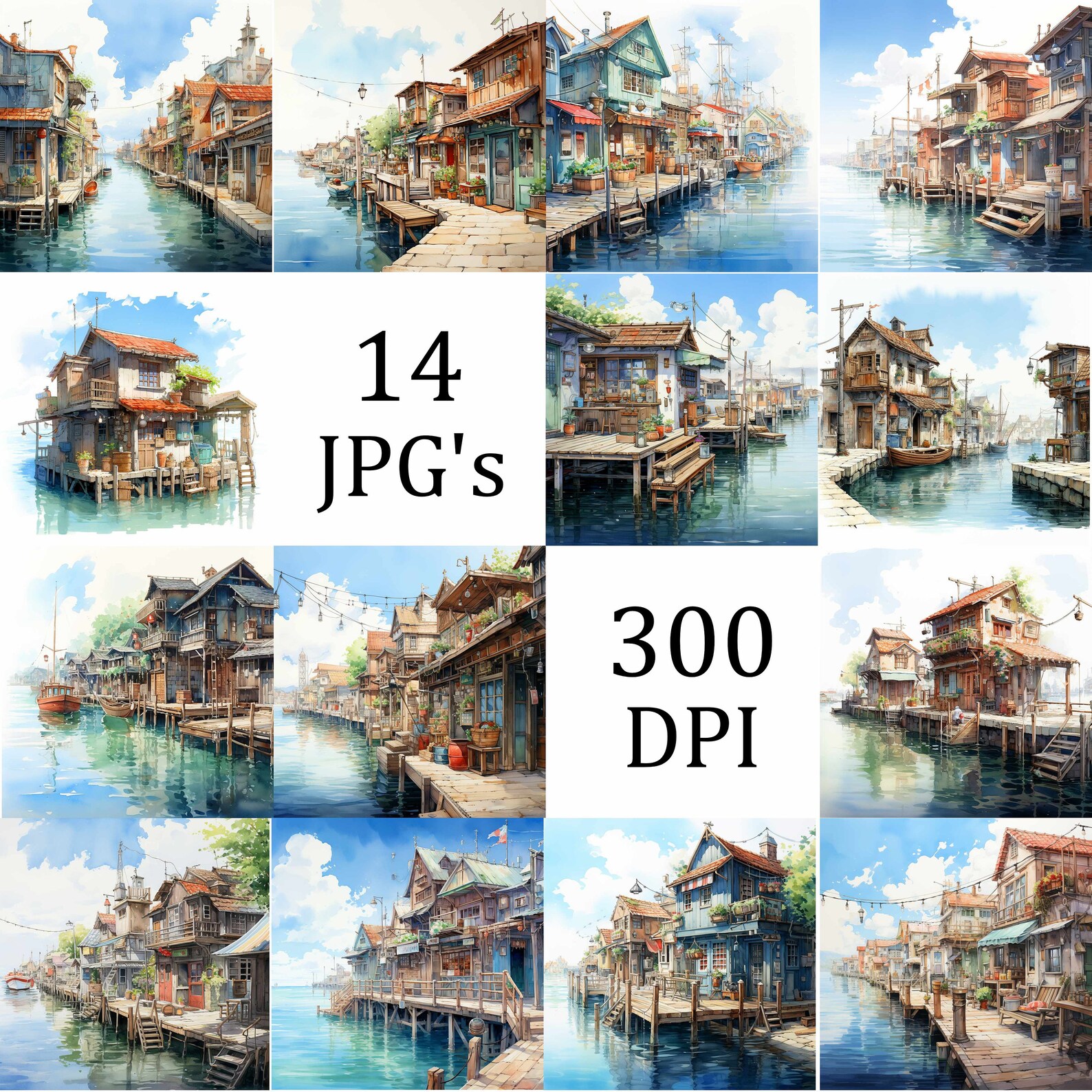 14 Dockside Shops at Harbor Clipart Bundle, High-quality JPG, Landscape ...