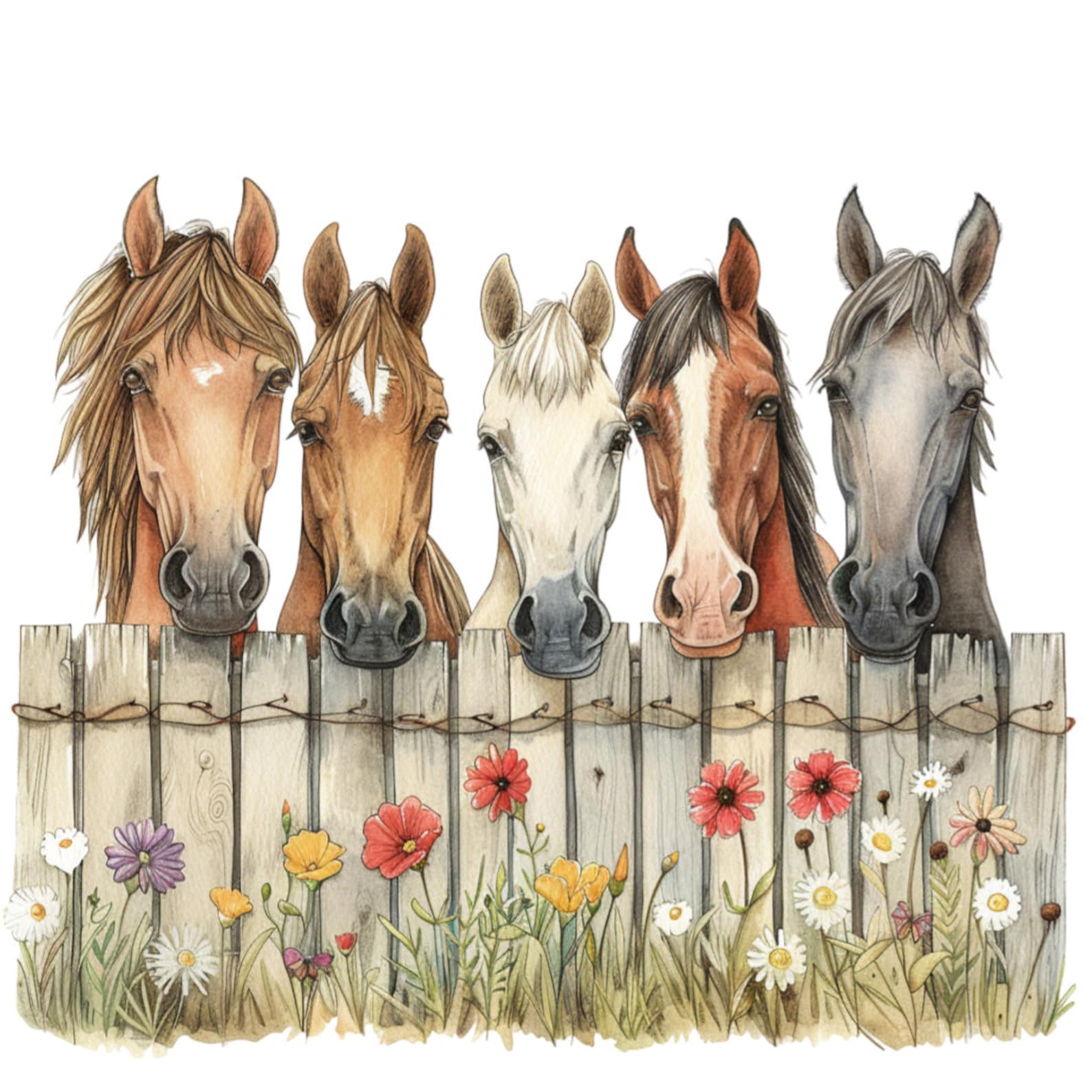 16 Cute Horses on a Farm Fence Clipart Bundle, 16 High-quality JPG ...