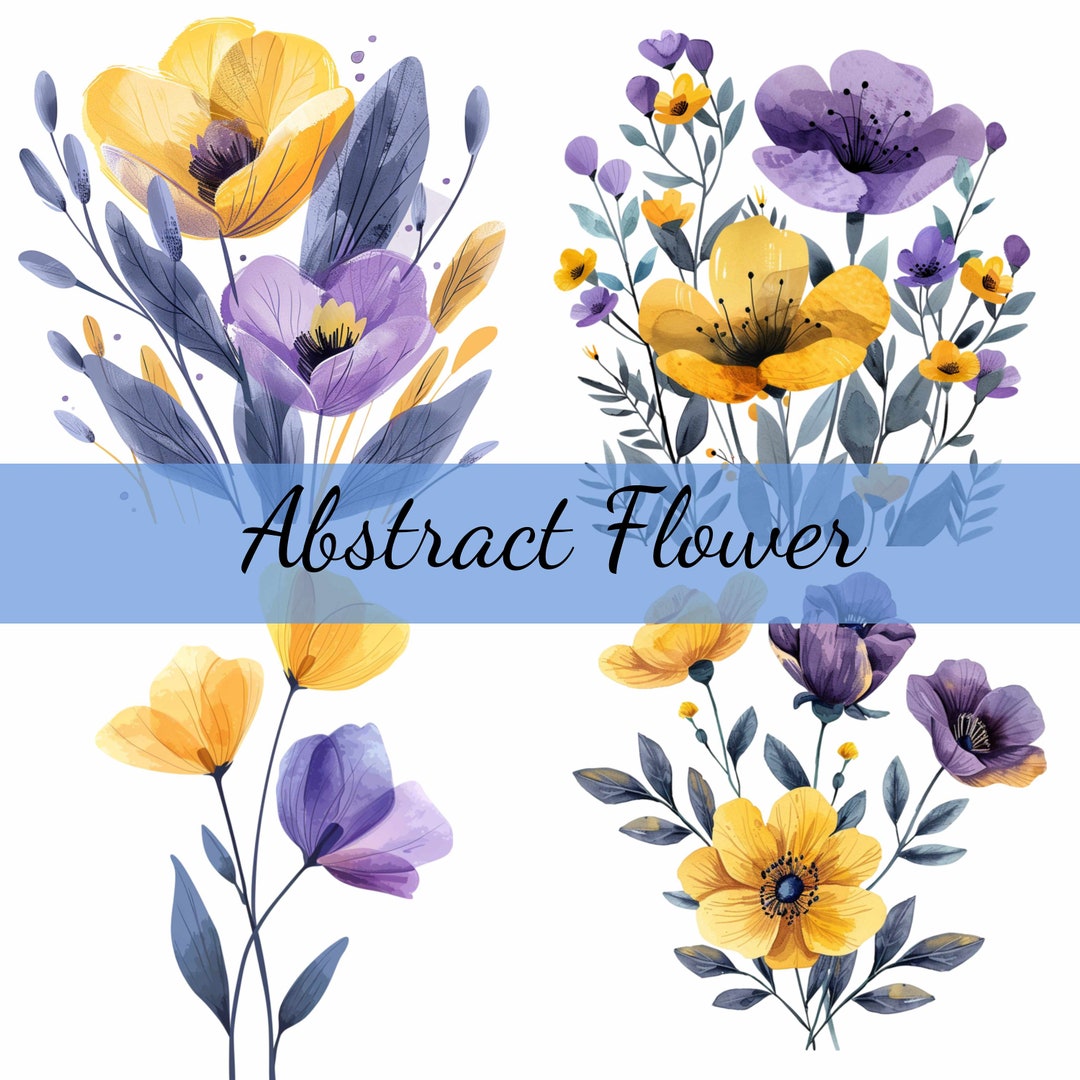 Abstract Flower Bouquet Purple Yellow Clipart Bundle, High-quality JPG ...