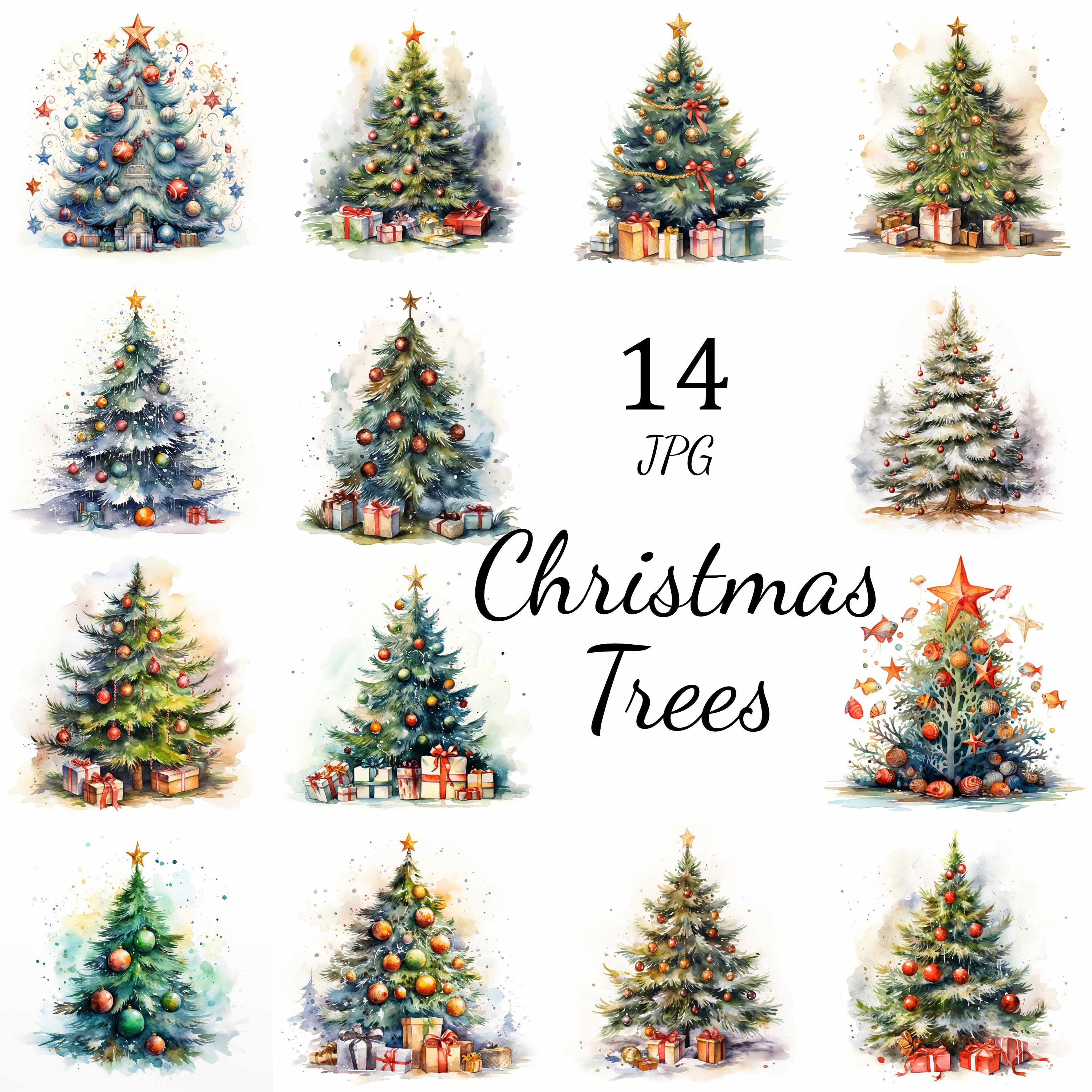 14 Watercolor Christmas Tree Clipart Bundle, High-quality JPG, Nursery ...