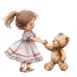 Girl and Teddy Bear Dancing Clipart Bundle, 16 High-quality JPG, Craft ...