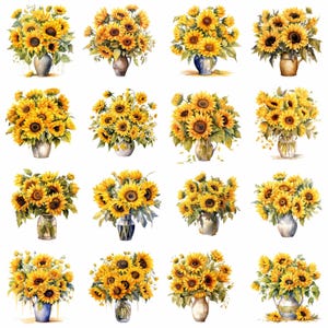 16 Sunflower in Vase Flower Watercolor Clipart Bundle, Transparent PNG ...
