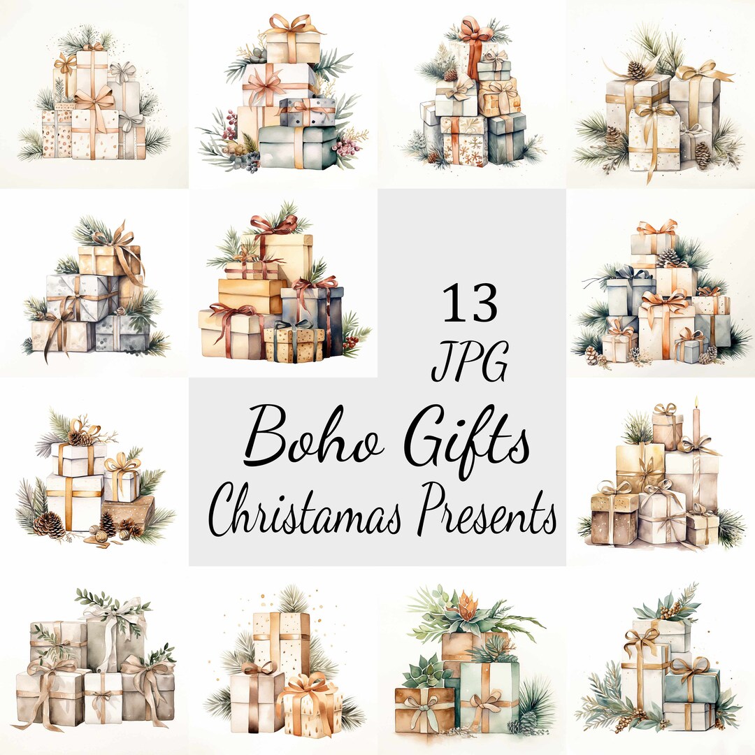 13 Boho Wrapped Presents Gift Clipart Bundle, High-quality JPG, Nursery ...