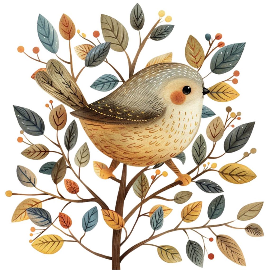 12 Bird on a Tree Branch Folk Art Clipart Bundle, 12 High-quality JPG ...
