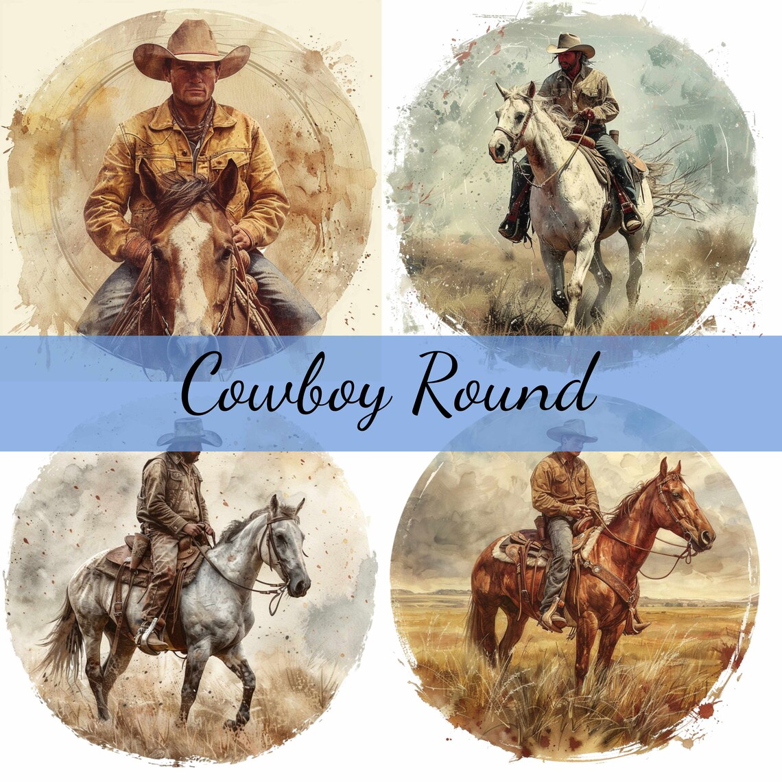 15 Vintage Cowboy Round Clipart Bundle, 15 High-quality JPG, Craft Art ...