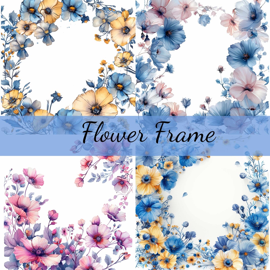 Flowers in a Square Frame Clipart Bundle, 16 High-quality JPG, Craft ...