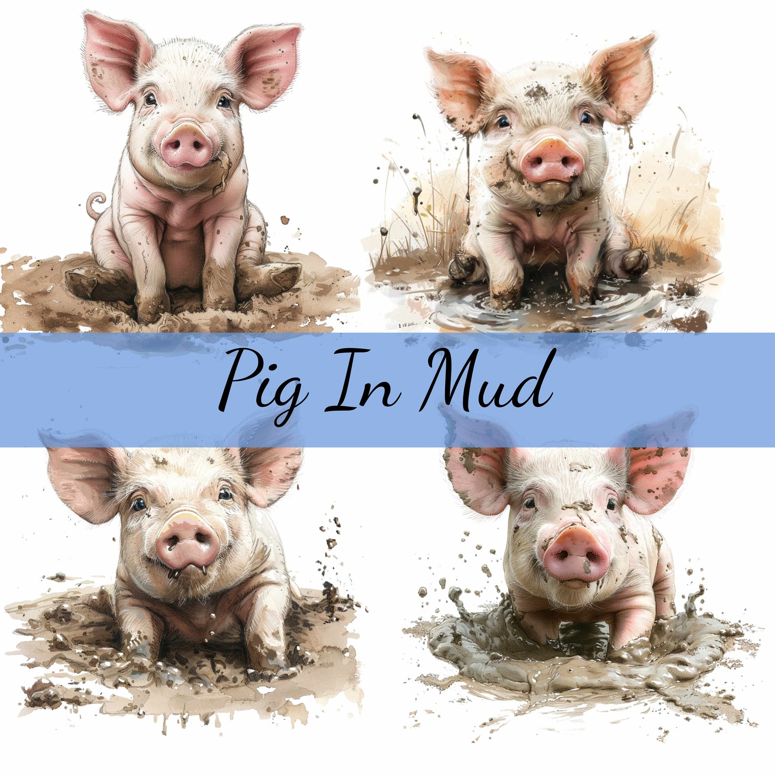 16 Pig in Mud Puddle Clipart Bundle, 16 High-quality JPG, Craft Art ...