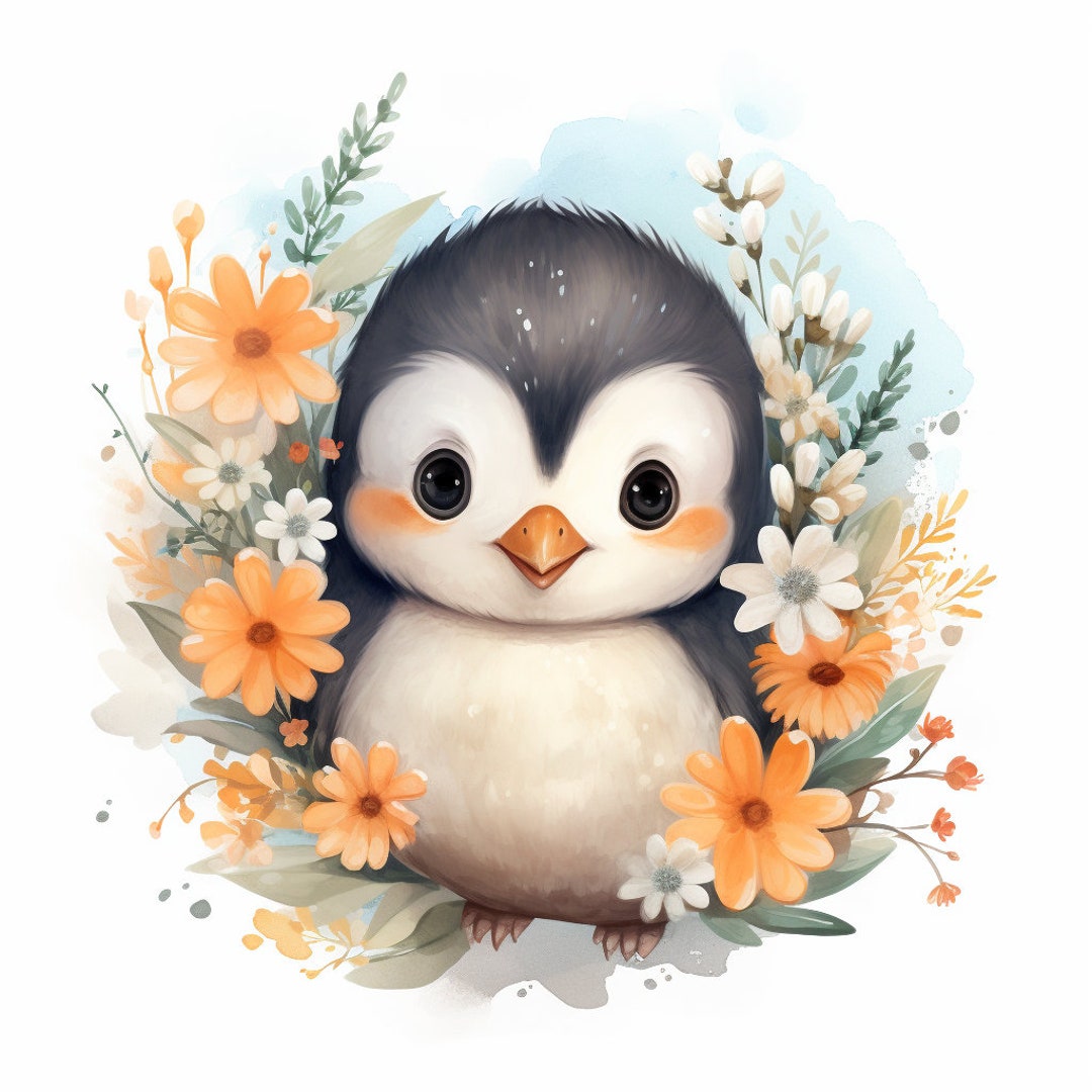 Penguin in Spring Flowers Clipart Bundle, High-quality JPG, Craft Art ...