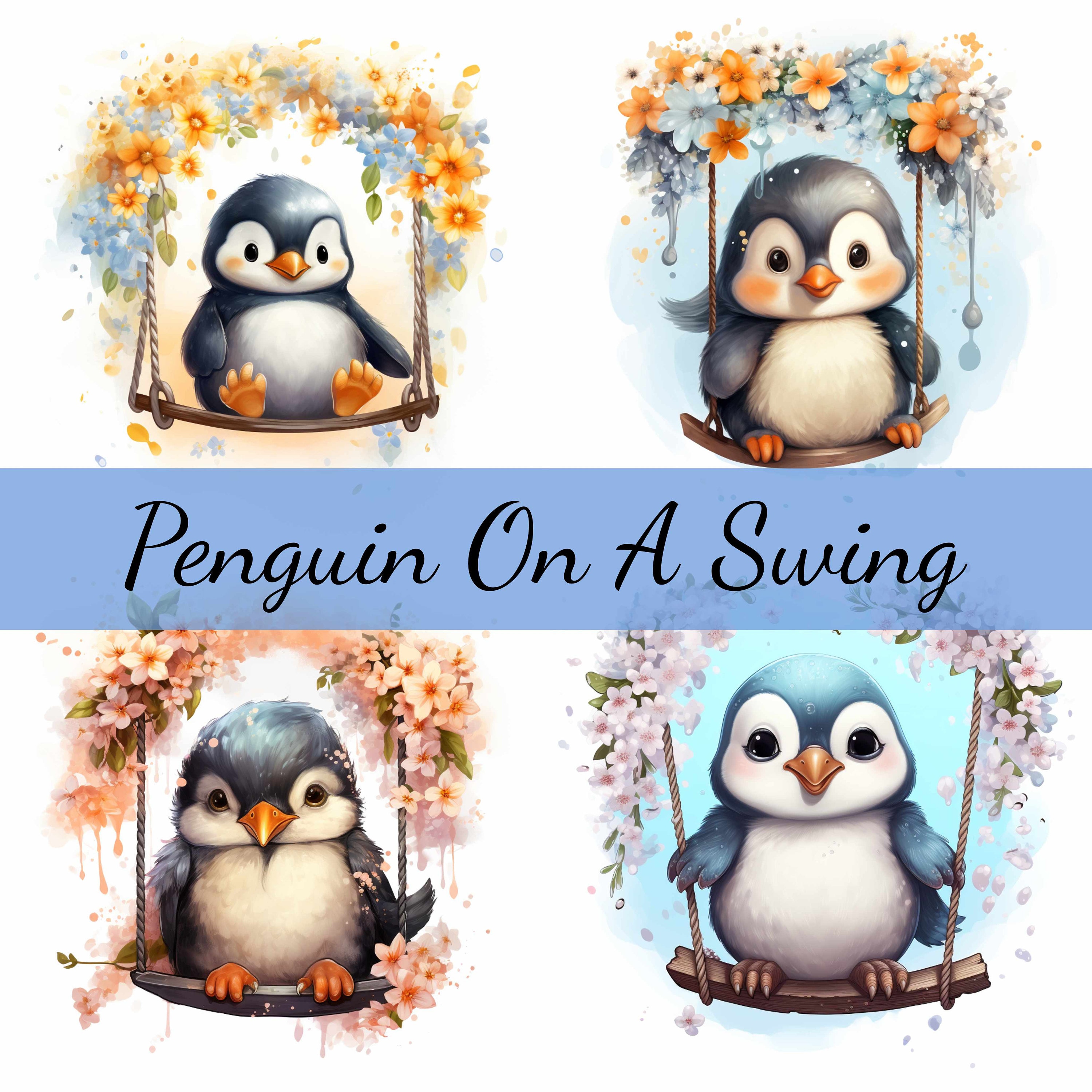 Penguin on Swing With Spring Flowers Clipart Bundle, High-quality JPG ...