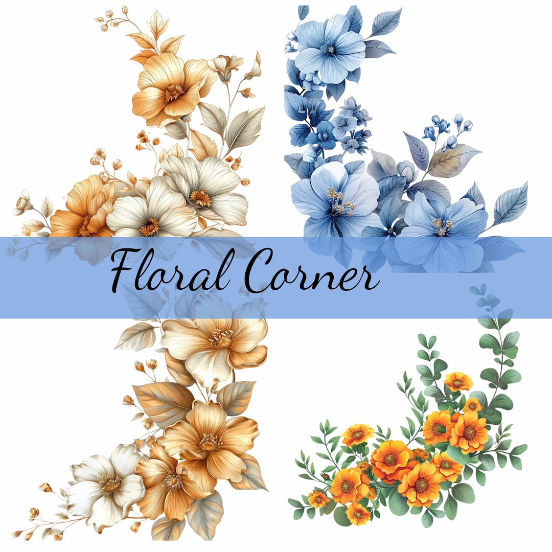 16 Floral Flower Blue Orange Corners Clipart Bundle, High-quality JPG ...