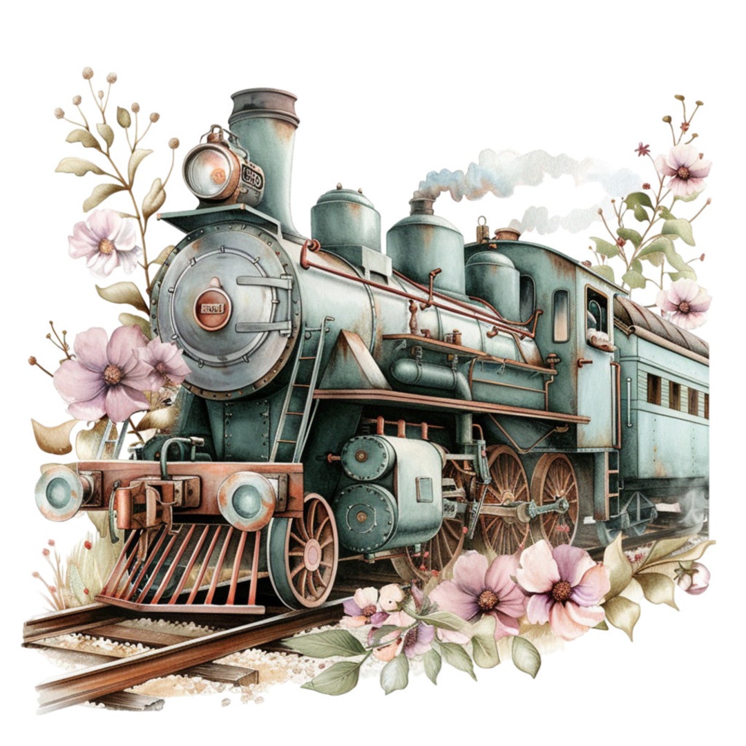 Vintage Floral Train Clipart Bundle, 16 High-quality JPG, Craft Art ...