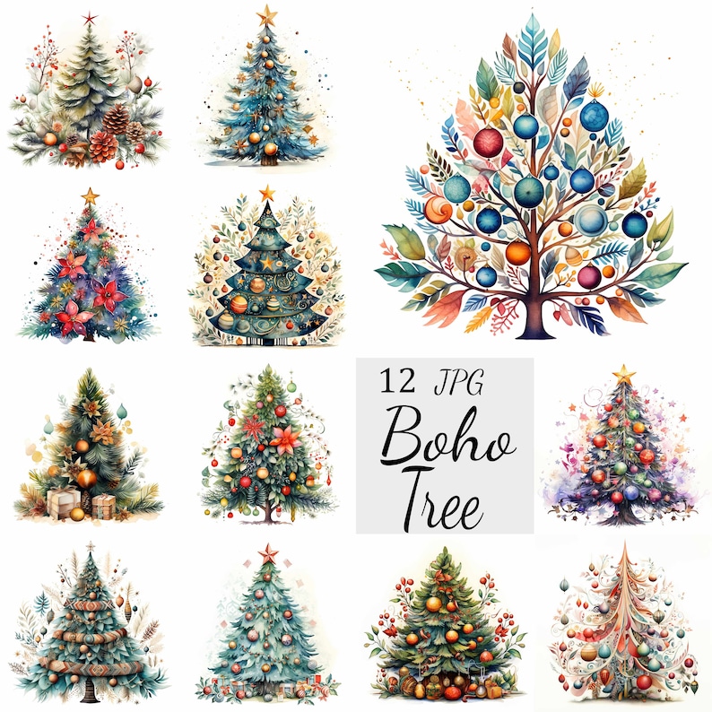 12 Boho Christmas Tree Clipart Bundle, High-quality JPG, Nursery Art ...
