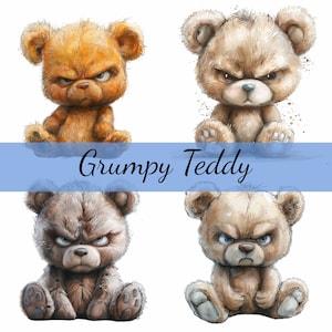 16 Grumpy Angry Teddy Bear Clipart Bundle, 16 High-quality JPG, Craft ...