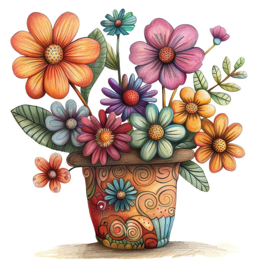 Folk Art Flower Pot Clipart Bundle, 16 High-quality JPG, Craft Art ...