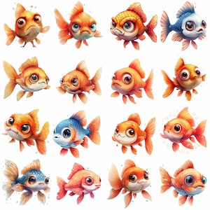 Cute Quirky Cartoon Goldfish Fish Clipart Bundle, 16 High-quality JPG ...