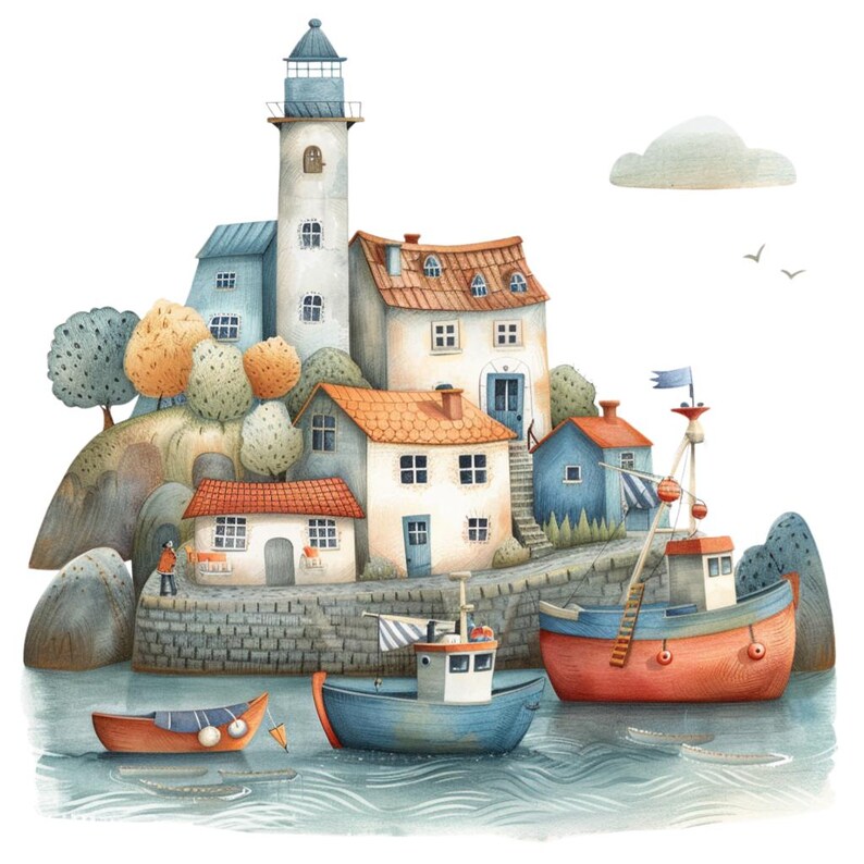 16 Folk Art Harbor Boats Houses Clipart Bundle, 16 High-quality JPG ...
