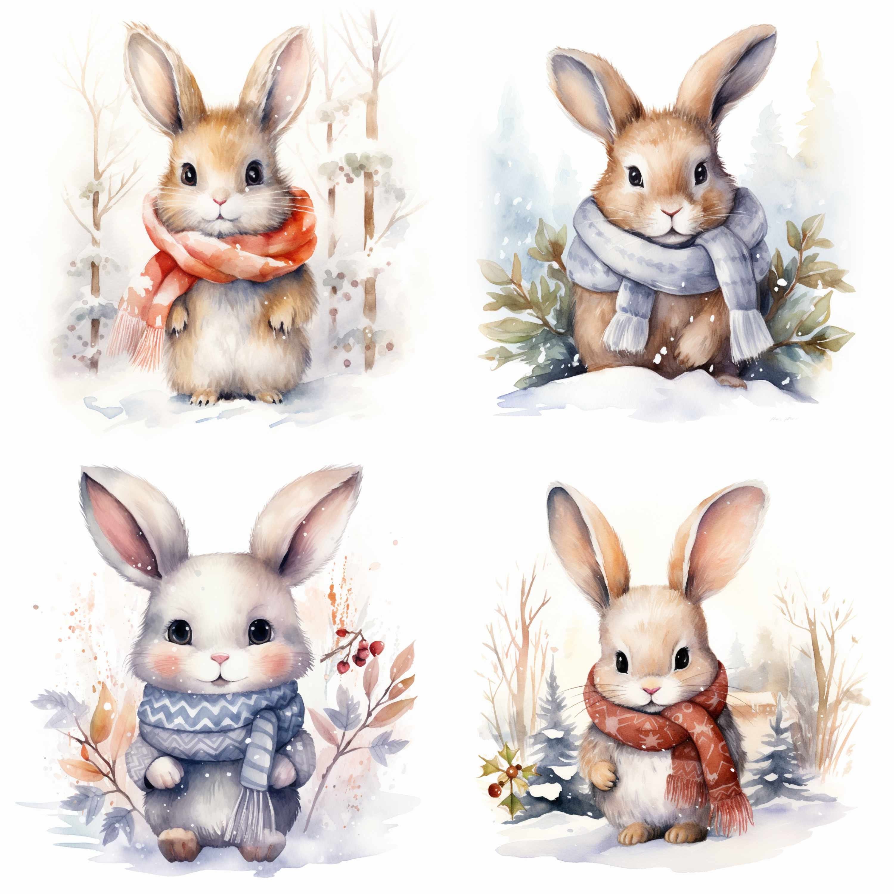16 Boho Winter Rabbit With Scarf Clipart Bundle, High-quality JPG ...