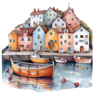 16 Folk Art Harbor Boats Houses Clipart Bundle, 16 High-quality JPG ...