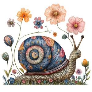 10 Folk Art Snail in Flowers Clipart Bundle, 10 Transparent PNG ...