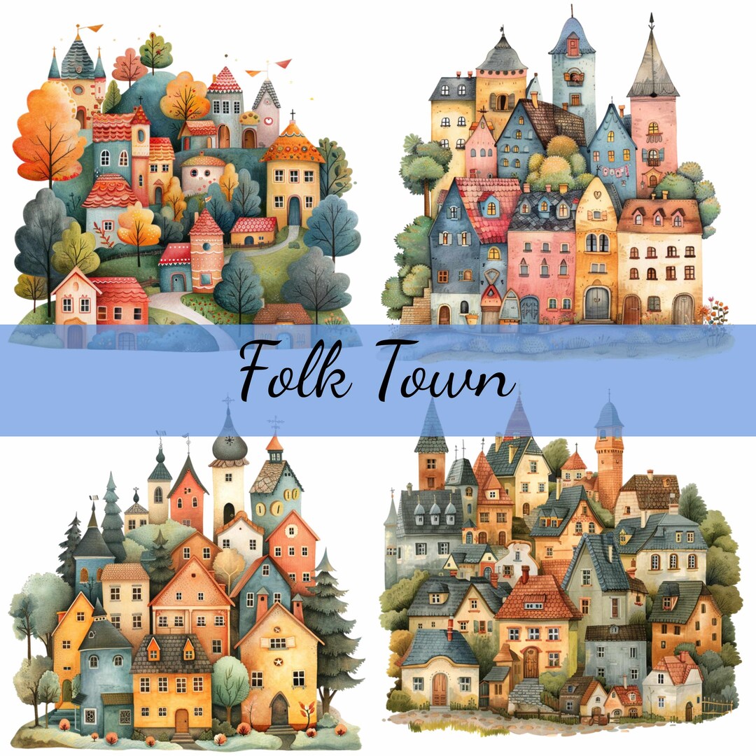 16 Folk Art Town With Houses Clipart Bundle, 16 High-quality JPG, Craft ...