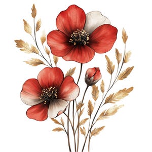 Red Flowers With Gold Clipart Bundle, 16 JPG and Transparent PNG ...