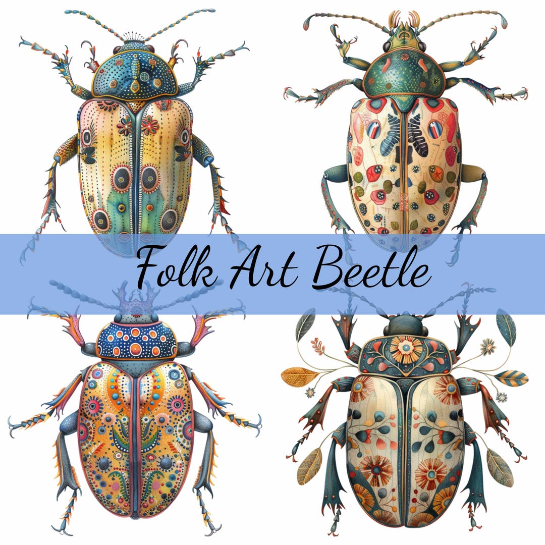 16 Folk Art Beetle Clipart Bundle, 16 High-quality JPG, Craft Art, Card ...