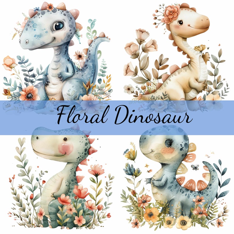Floral Dinosaur Flower Clipart Bundle, 14 High-quality JPG, Craft Art ...