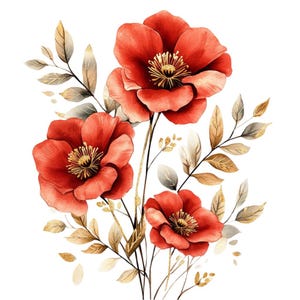 Red Flowers With Gold Clipart Bundle, 16 JPG and Transparent PNG ...
