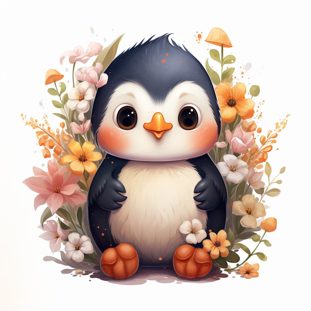 Penguin in Spring Flowers Clipart Bundle, High-quality JPG, Craft Art ...