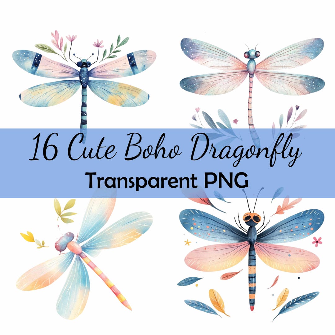 16 Cute Dragonfly Boho Pastel Watercolor Clipart Bundle Transparent PNG ...