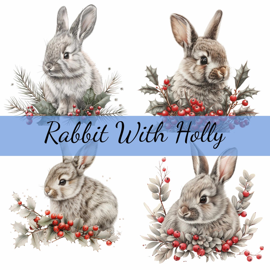 16 Bunny Rabbit With Holly Clipart Bundle, 16 High-quality JPG, Craft ...