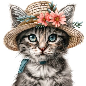 Cat With Straw Hat and Flowers Clipart Bundle, 16 High-quality JPG ...