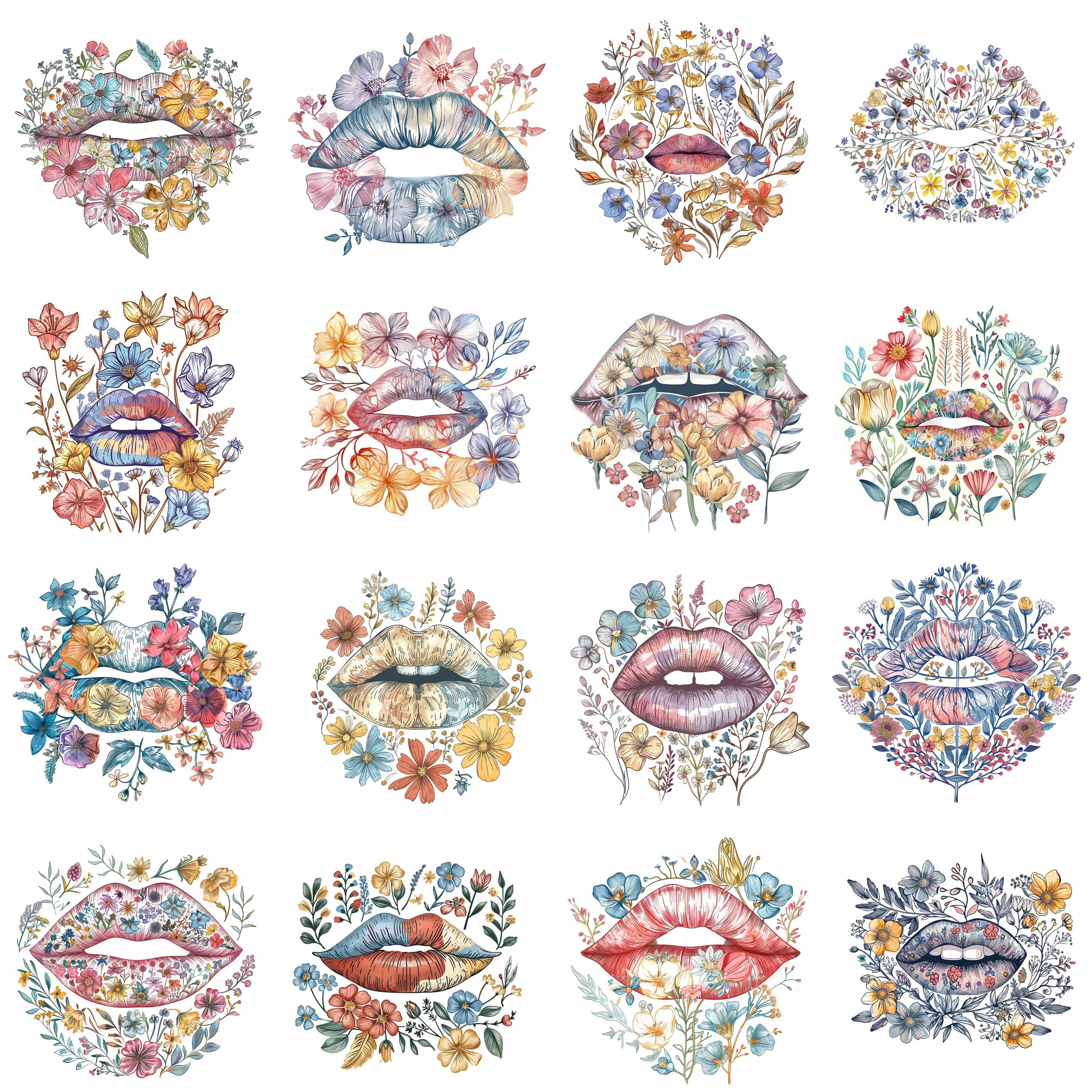 Floral Lips Flowers Clipart Bundle, 16 High-quality JPG, Craft Art ...