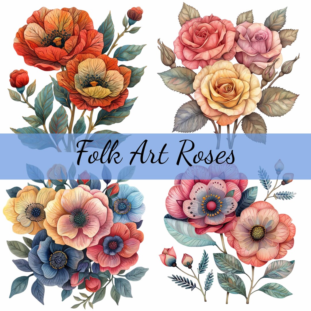 16 Folk Art Roses Clipart Bundle, 16 High-quality JPG, Craft Art, Card ...