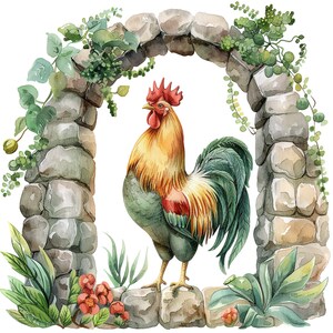 16 Chicken Rooster Under Stone Arch Clipart Bundle, High-quality JPG ...