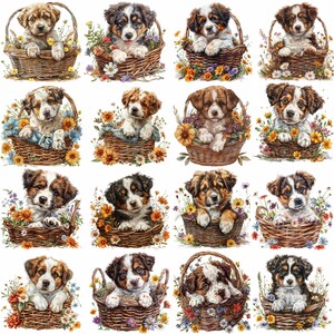 Puppy in Basket Clipart Bundle, 16 High-quality JPG, Craft Art, Card ...