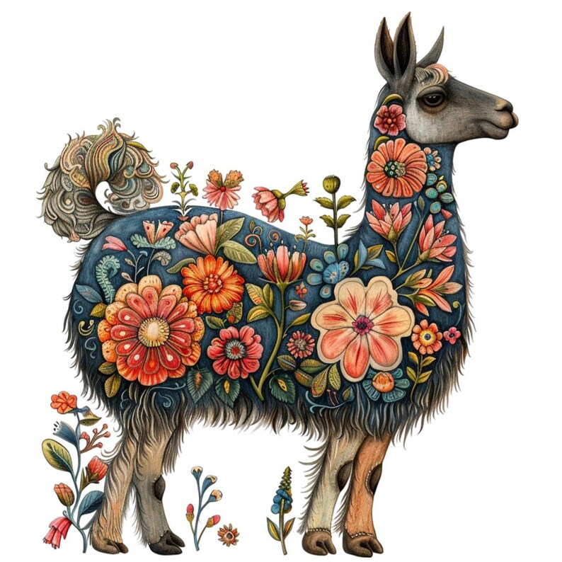 16 Llama With Folk Art Flowers Clipart Bundle, 16 High-quality JPG ...