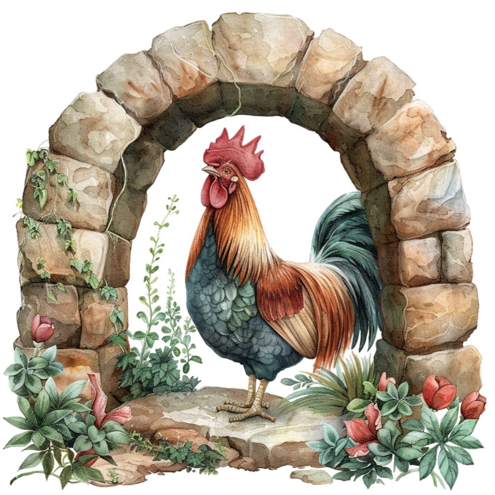 16 Chicken Rooster Under Stone Arch Clipart Bundle, High-quality JPG ...
