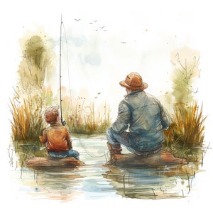 Dad and Son Fishing on a Lake Pond Clipart Bundle, 15 High-quality JPG ...
